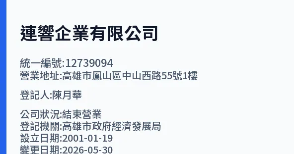 連響企業有限公司的照片-統編 12739094(高雄市) 公司登記資料與營業項目詳細圖表