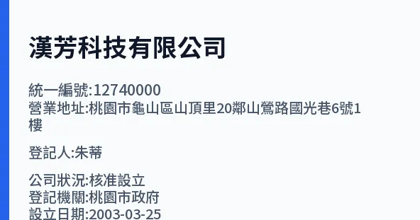 漢芳科技有限公司的照片-統編 12740000(桃園市) 公司登記資料與營業項目詳細圖表