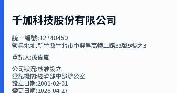 千加科技股份有限公司的照片-統編 12740450(新竹縣) 公司登記資料與營業項目詳細圖表