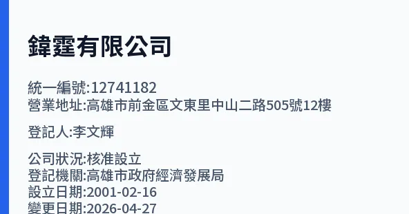 鍏霆有限公司的照片-統編 12741182(高雄市) 公司登記資料與營業項目詳細圖表