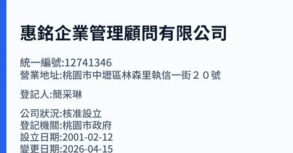 惠銘企業管理顧問有限公司的照片-統編 12741346(桃園市) 公司登記資料與營業項目詳細圖表