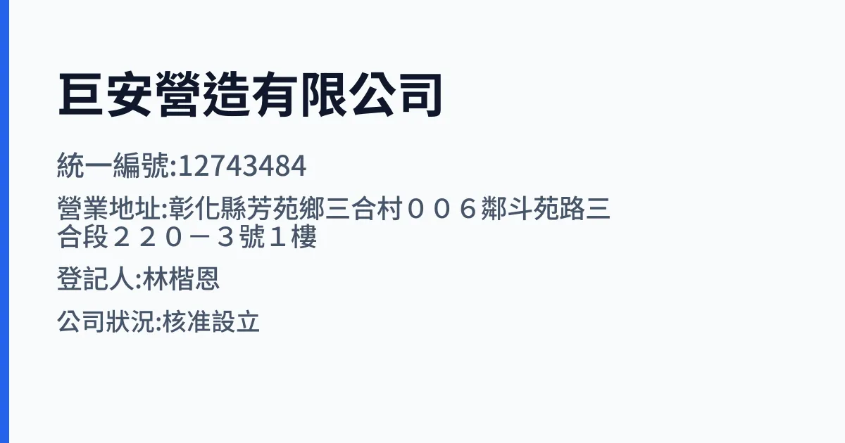 巨安營造有限公司 - 統編 12743484(彰化縣) 公司登記資料與營業項目詳細圖表