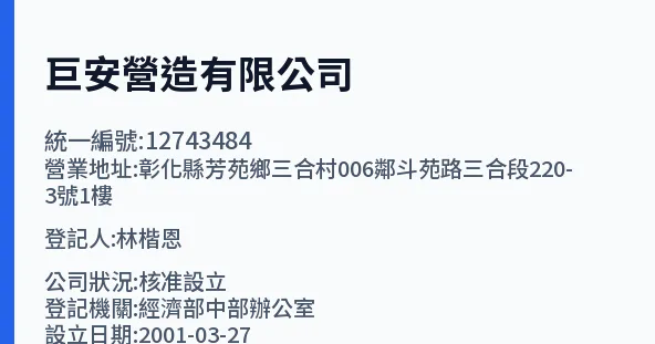 巨安營造有限公司的照片-統編 12743484(彰化縣) 公司登記資料與營業項目詳細圖表