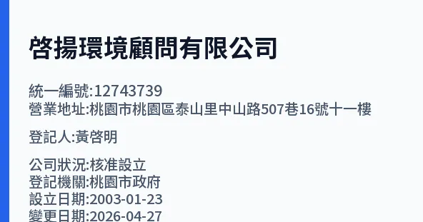 啓揚環境顧問有限公司的照片-統編 12743739(桃園市) 公司登記資料與營業項目詳細圖表