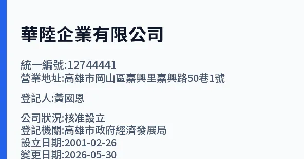 華陸企業有限公司的照片-統編 12744441(高雄市) 公司登記資料與營業項目詳細圖表