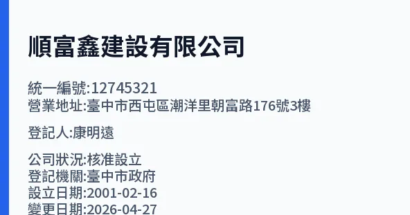 順富鑫建設有限公司的照片-統編 12745321(臺中市) 公司登記資料與營業項目詳細圖表