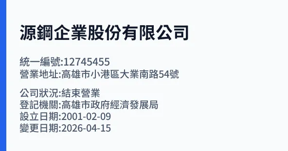 源鋼企業股份有限公司的照片-統編 12745455(高雄市) 公司登記資料與營業項目詳細圖表
