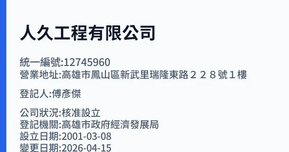 人久工程有限公司的照片-統編 12745960(高雄市) 公司登記資料與營業項目詳細圖表