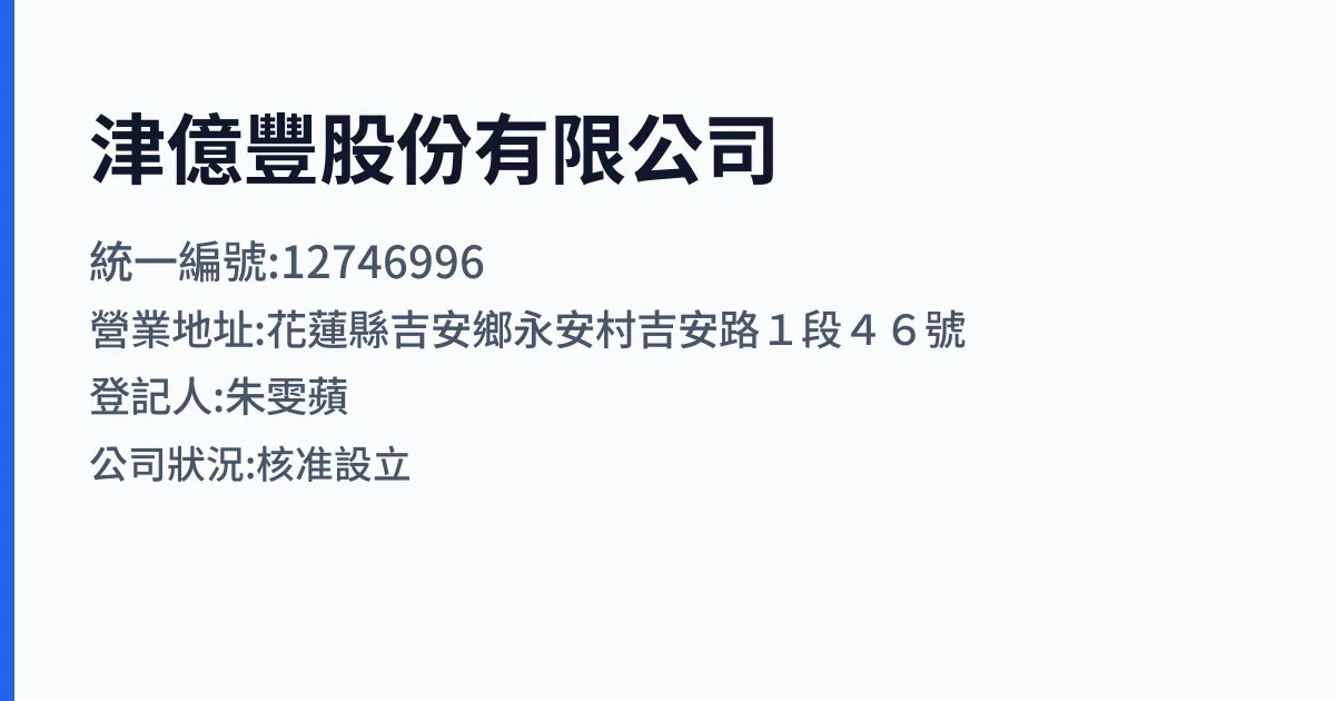 津億豐股份有限公司 - 統編 12746996(花蓮縣) 公司登記資料與營業項目詳細圖表
