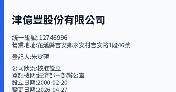 津億豐股份有限公司的照片-統編 12746996(花蓮縣) 公司登記資料與營業項目詳細圖表