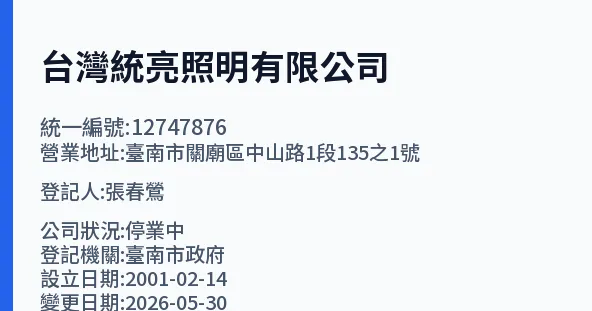 台灣統亮照明有限公司的照片-統編 12747876(臺南市) 公司登記資料與營業項目詳細圖表