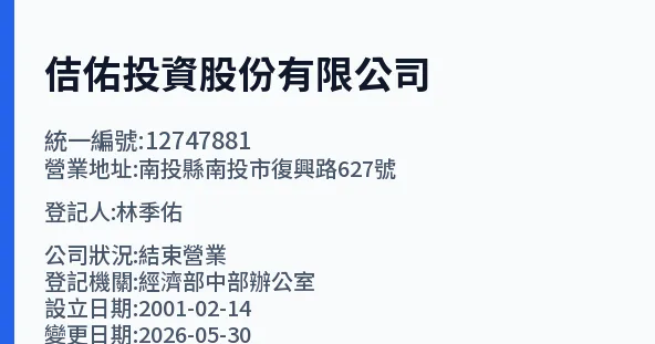 佶佑投資股份有限公司的照片-統編 12747881(南投縣) 公司登記資料與營業項目詳細圖表