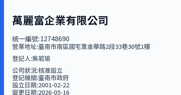 萬麗富企業有限公司的照片-統編 12748690(臺南市) 公司登記資料與營業項目詳細圖表