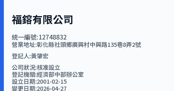 福鎔有限公司的照片-統編 12748832(彰化縣) 公司登記資料與營業項目詳細圖表