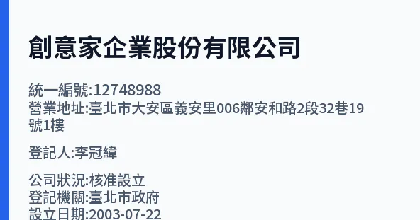 創意家企業股份有限公司的照片-統編 12748988(臺北市) 公司登記資料與營業項目詳細圖表