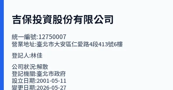 吉保投資股份有限公司的照片-統編 12750007(臺北市) 公司登記資料與營業項目詳細圖表