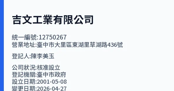 吉文工業有限公司的照片-統編 12750267(臺中市) 公司登記資料與營業項目詳細圖表