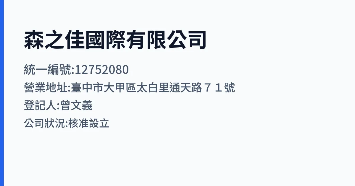 森之佳國際有限公司 - 統編 12752080(臺中市) 公司登記資料與營業項目詳細圖表
