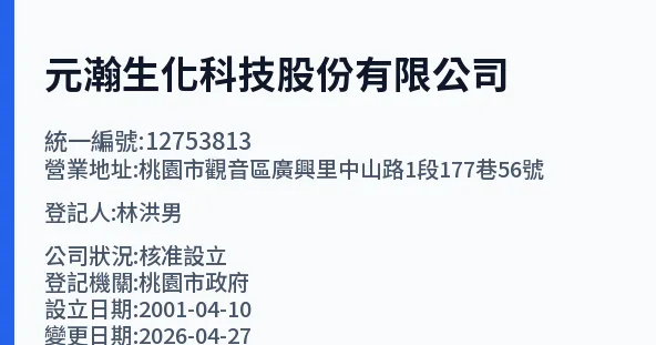 元瀚生化科技股份有限公司的照片-統編 12753813(桃園市) 公司登記資料與營業項目詳細圖表