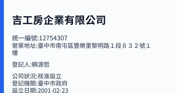 吉工房企業有限公司的照片-統編 12754307(臺中市) 公司登記資料與營業項目詳細圖表