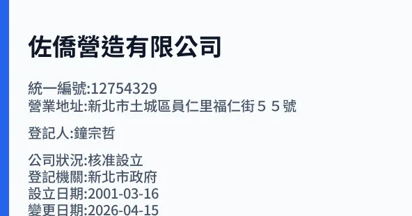 佐僑營造有限公司的照片-統編 12754329(新北市) 公司登記資料與營業項目詳細圖表