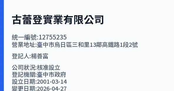 古蕾登實業有限公司的照片-統編 12755235(臺中市) 公司登記資料與營業項目詳細圖表