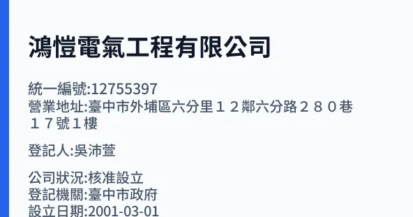 鴻愷電氣工程有限公司的照片-統編 12755397(臺中市) 公司登記資料與營業項目詳細圖表