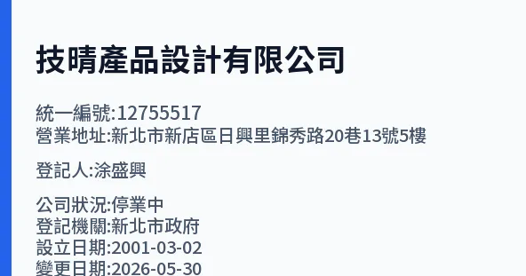 技晴產品設計有限公司的照片-統編 12755517(新北市) 公司登記資料與營業項目詳細圖表