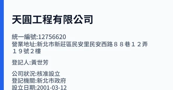 天圓工程有限公司的照片-統編 12756620(新北市) 公司登記資料與營業項目詳細圖表