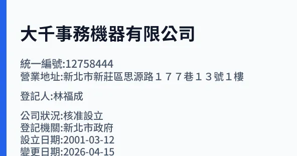 大千事務機器有限公司的照片-統編 12758444(新北市) 公司登記資料與營業項目詳細圖表