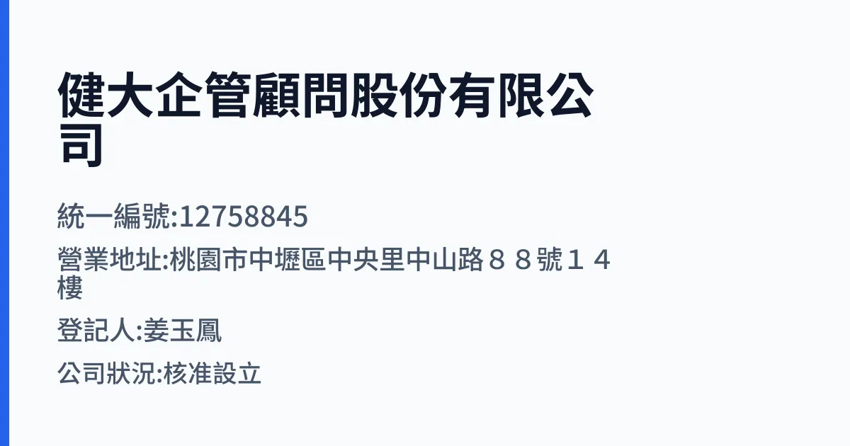 健大企管顧問股份有限公司 - 統編 12758845(桃園市) 公司登記資料與營業項目詳細圖表