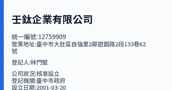 壬鈦企業有限公司的照片-統編 12759909(臺中市) 公司登記資料與營業項目詳細圖表