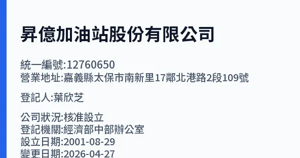 昇億加油站股份有限公司的照片-統編 12760650(嘉義縣) 公司登記資料與營業項目詳細圖表