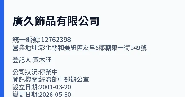 廣久飾品有限公司的照片-統編 12762398(彰化縣) 公司登記資料與營業項目詳細圖表