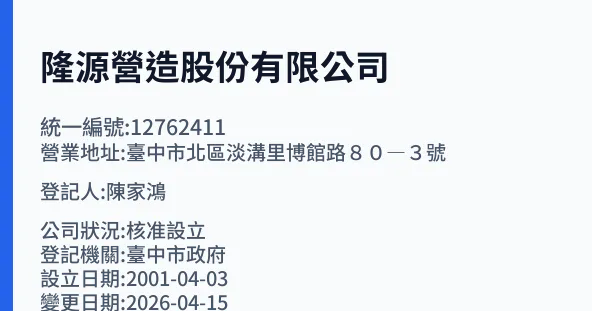 隆源營造股份有限公司的照片-統編 12762411(臺中市) 公司登記資料與營業項目詳細圖表