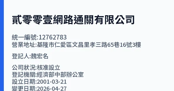 貳零零壹網路通關有限公司的照片-統編 12762783(基隆市) 公司登記資料與營業項目詳細圖表