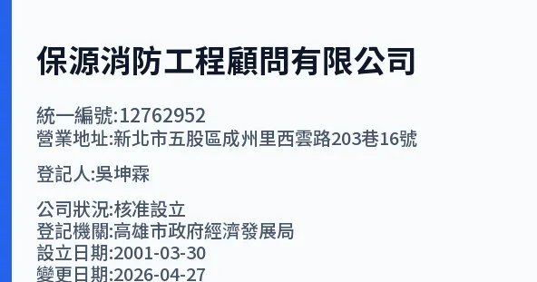 保源消防工程顧問有限公司的照片-統編 12762952(新北市) 公司登記資料與營業項目詳細圖表