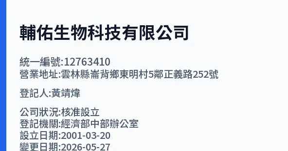 輔佑生物科技有限公司的照片-統編 12763410(雲林縣) 公司登記資料與營業項目詳細圖表