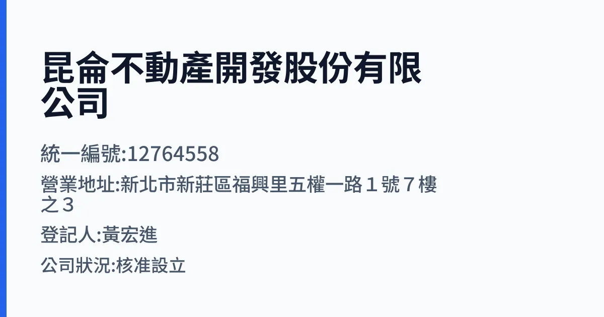 昆侖不動產開發股份有限公司 - 統編 12764558(桃園市) 公司登記資料與營業項目詳細圖表