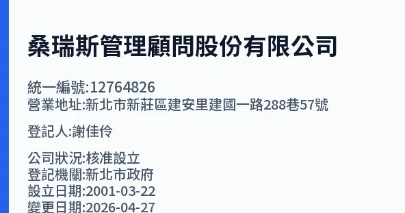 桑瑞斯管理顧問股份有限公司的照片-統編 12764826(新北市) 公司登記資料與營業項目詳細圖表