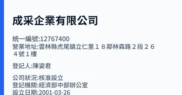 成采企業有限公司的照片-統編 12767400(雲林縣) 公司登記資料與營業項目詳細圖表