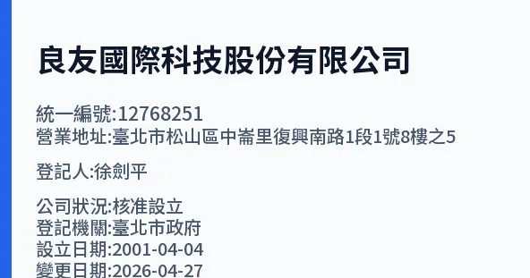 良友國際科技股份有限公司的照片-統編 12768251(臺北市) 公司登記資料與營業項目詳細圖表