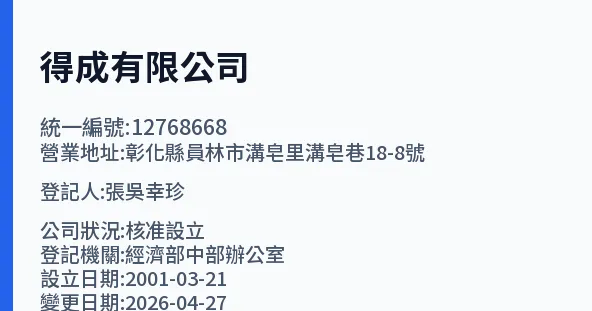 得成有限公司的照片-統編 12768668(彰化縣) 公司登記資料與營業項目詳細圖表