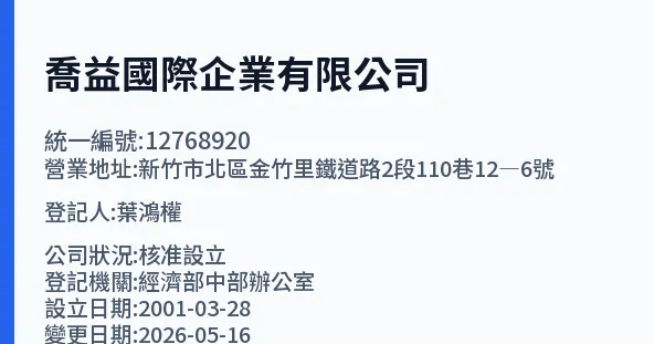 喬益國際企業有限公司的照片-統編 12768920(新竹市) 公司登記資料與營業項目詳細圖表