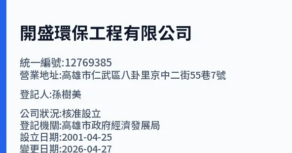 開盛環保工程有限公司的照片-統編 12769385(高雄市) 公司登記資料與營業項目詳細圖表