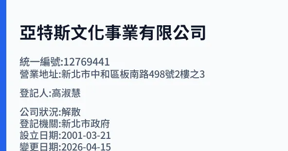 亞特斯文化事業有限公司的照片-統編 12769441(新北市) 公司登記資料與營業項目詳細圖表