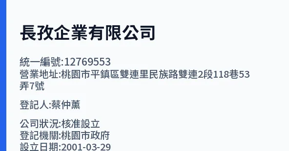 長孜企業有限公司的照片-統編 12769553(桃園市) 公司登記資料與營業項目詳細圖表