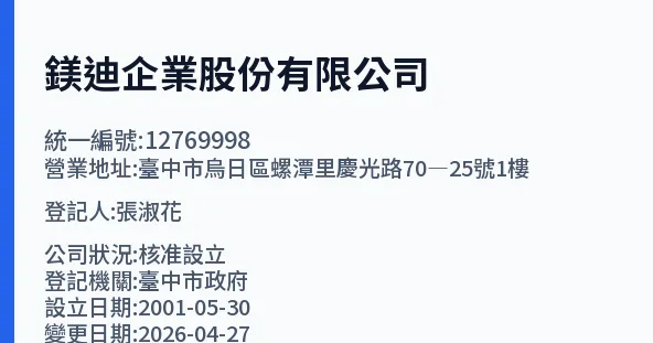 鎂迪企業股份有限公司的照片-統編 12769998(臺中市) 公司登記資料與營業項目詳細圖表