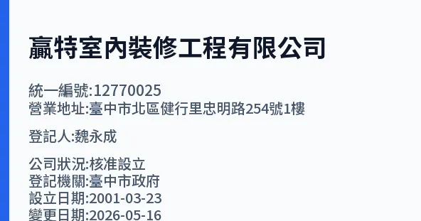 贏特室內裝修工程有限公司的照片-統編 12770025(臺中市) 公司登記資料與營業項目詳細圖表
