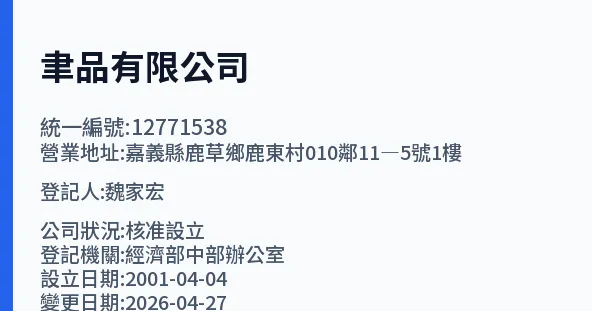 聿品有限公司的照片-統編 12771538(嘉義縣) 公司登記資料與營業項目詳細圖表